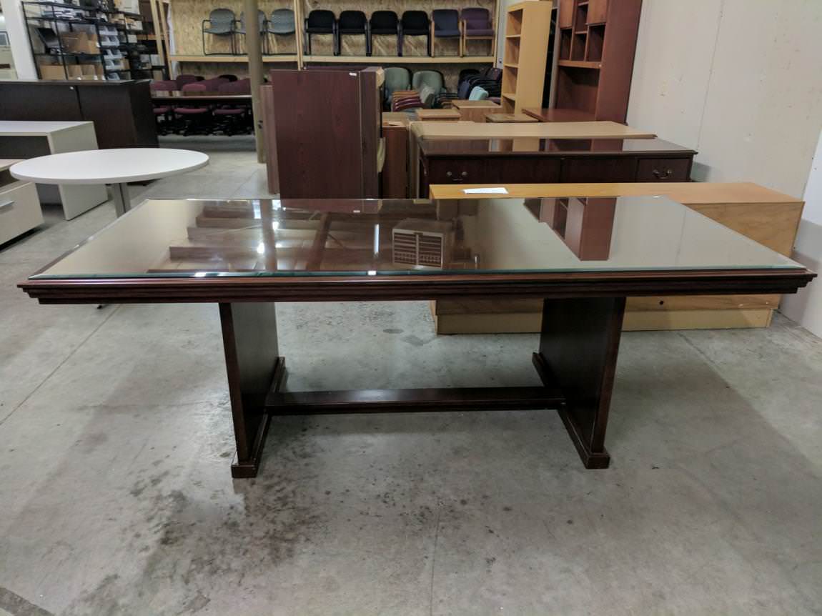 7.5 FT Rectangular Walnut Conference Table With Glass Top
