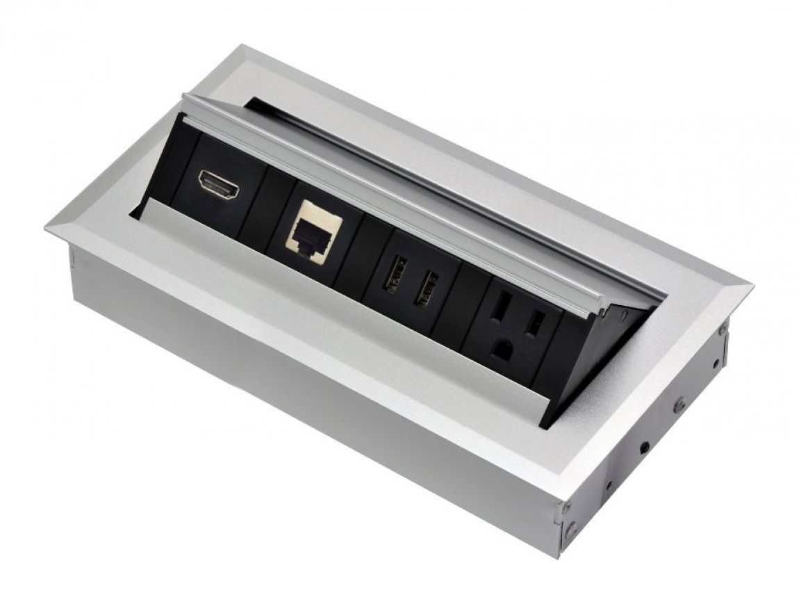Satin Aluminum Pop-Up Power and Data Module by Maverick Desk