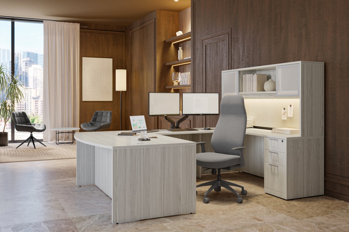Silver Birch Bow Front U Shaped Desk with Hutch | PL Laminate by Performance Furnishings