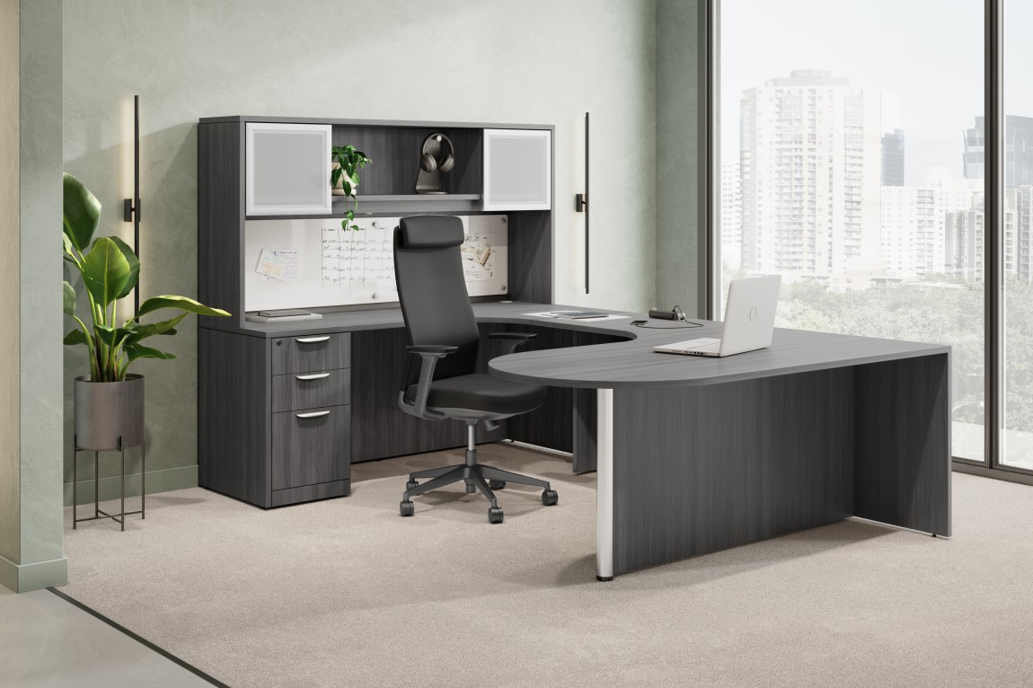 Newport Gray U Shaped Peninsula Desk with Hutch | PL Laminate by ...