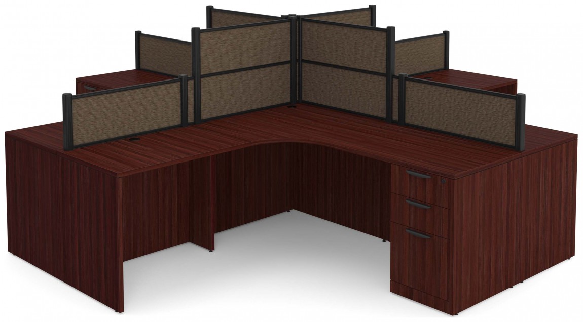 Mahogany 4 Person Desk with Fabric Privacy Panels | PL Laminate by ...